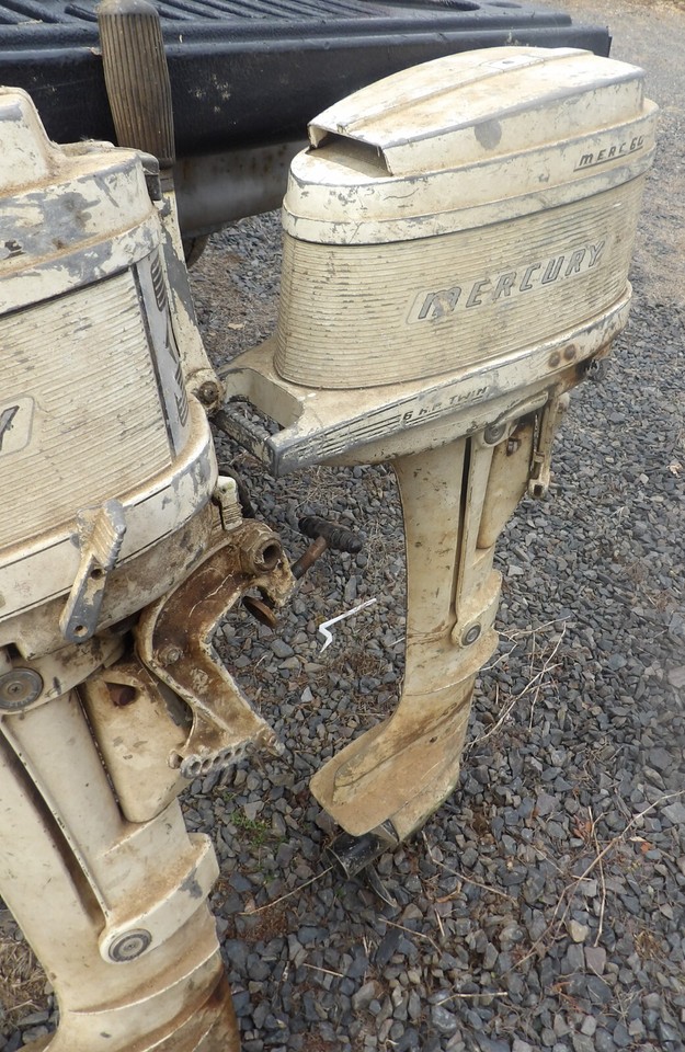2 vintage Kiekhaefer Mercury merc 60 outboard motor plus 3 gas cans ...