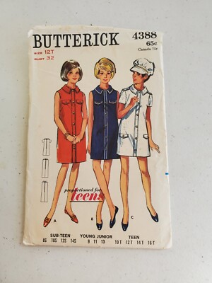 Vintage Butterick Sewing Pattern 4388 Size 12T Dress In 3 Lengths Teen ...