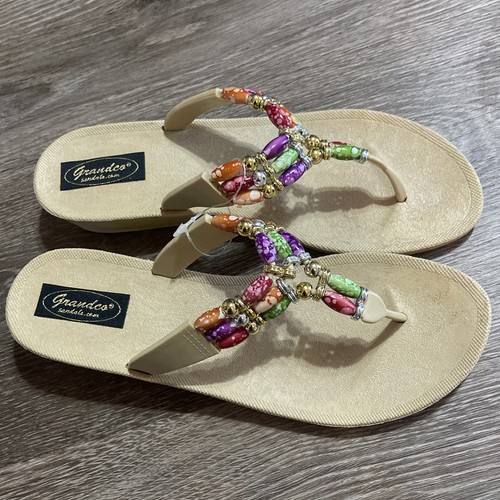 NEW Ladies 9 Grandco Comfort Flex Beige Multi Beads Sandals Flip Flops ...