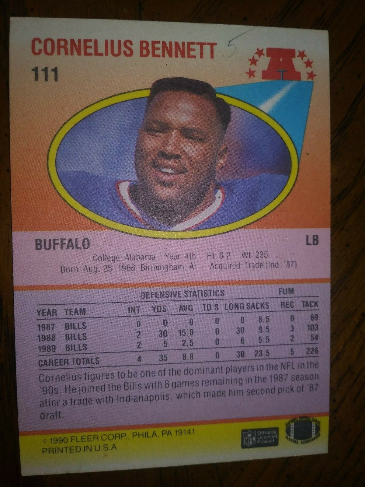 1990 Feer Cornelius Bennett Football Card # 111 | eBay