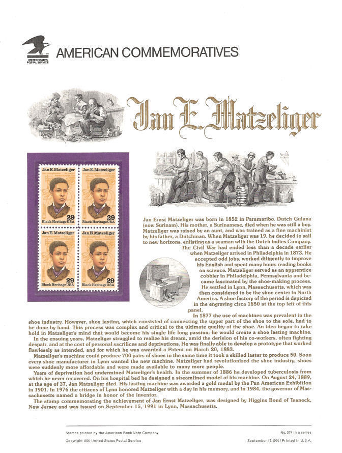 #374 29c Jan E. Matzeliger #2567 USPS Commemorative Stamp Panel | eBay