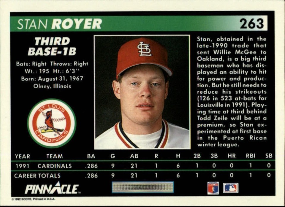 1992 Pinnacle #263 Stan Royer St. Louis Cardinals Rookie Prospect | eBay