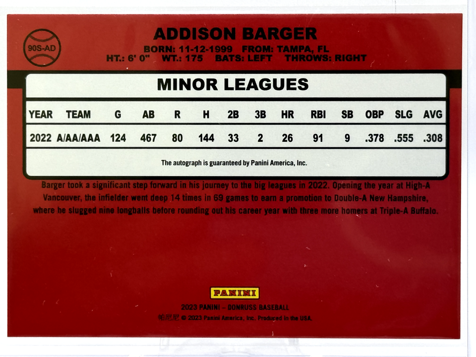 2023 Panini Donruss Addison Barger Optic Retro 1990 Signatures, #90S-AD ...