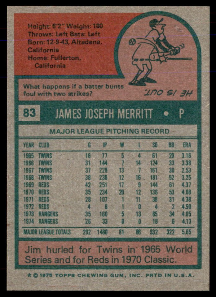1975 Topps #83 Jim Merritt (EX/MT) | eBay