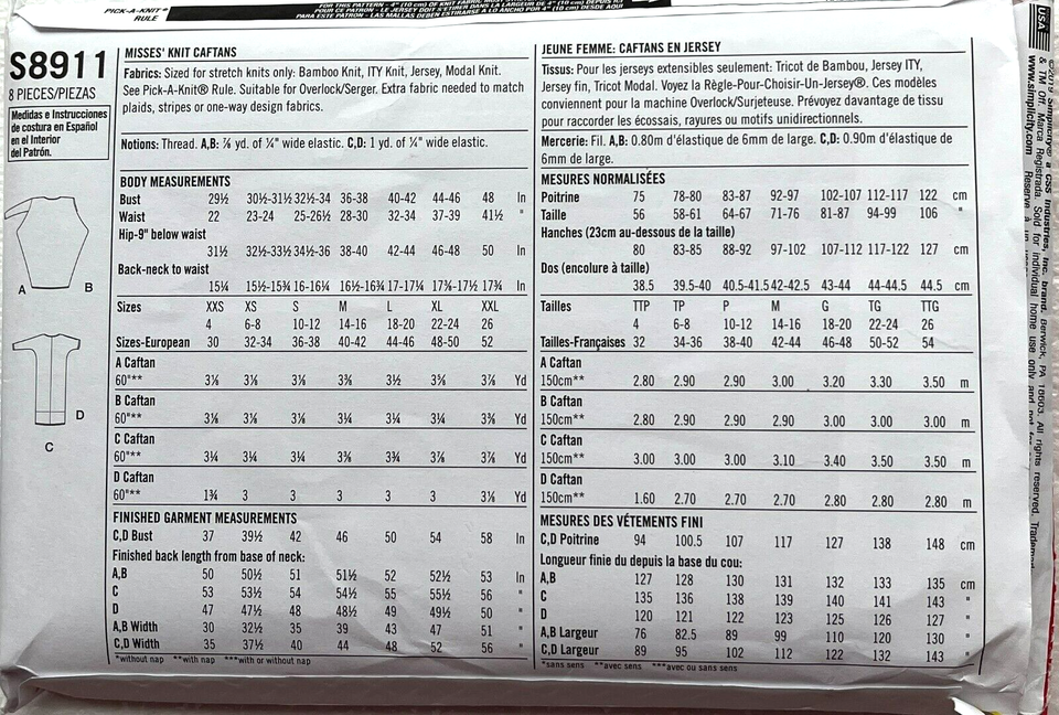 Simplicity S8911 Misses Knit Caftans Sizes: XX Small-XXLarge Assorted ...