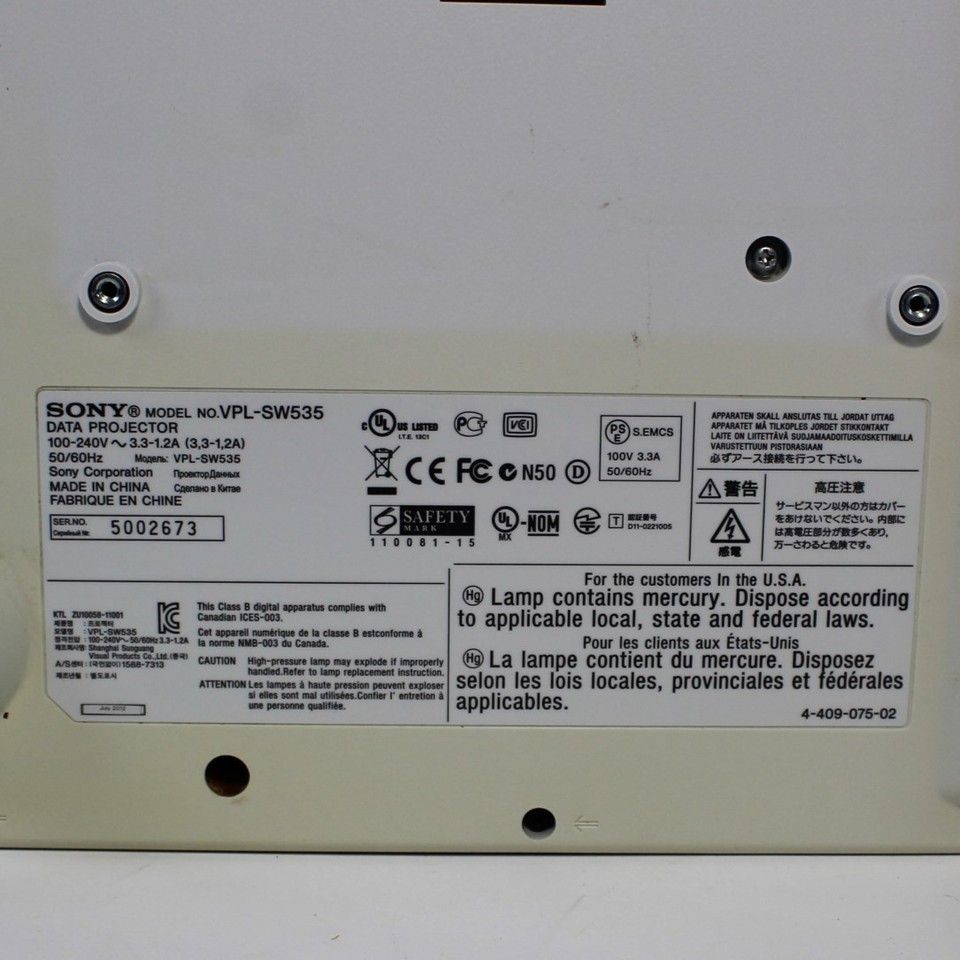 Sony VPL-SW535 Short Throw Projector 3000 Lumens WXGA 3LCD 1457 Hours ...