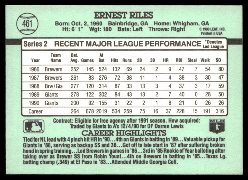 1991 Donruss Ernest Riles San Francisco Giants #461 | eBay