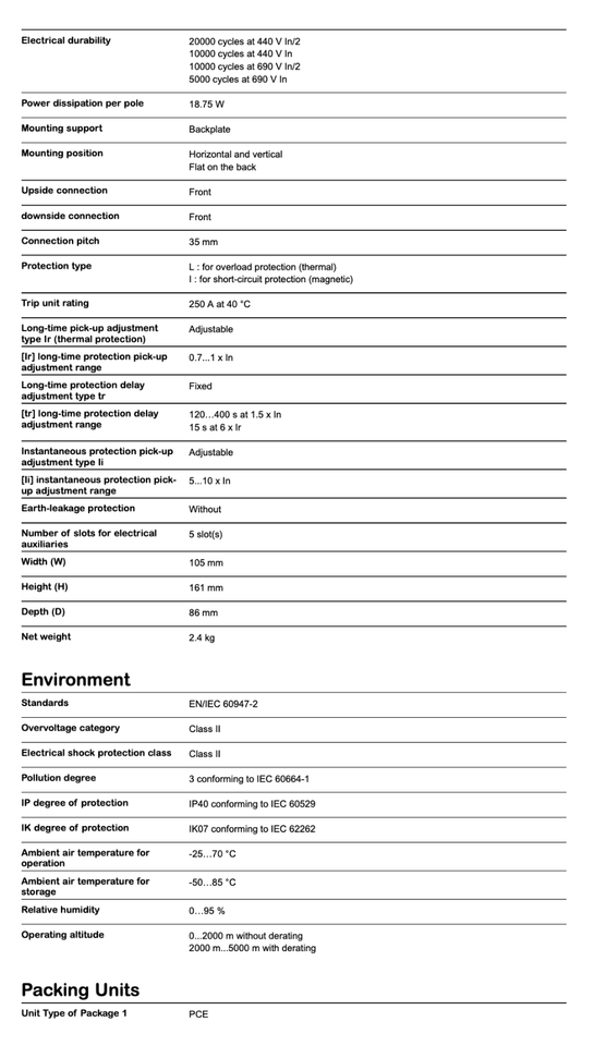 Schneider Electric - MCCB 250A 3P Circuit breaker ComPacT 25kA/415 ...