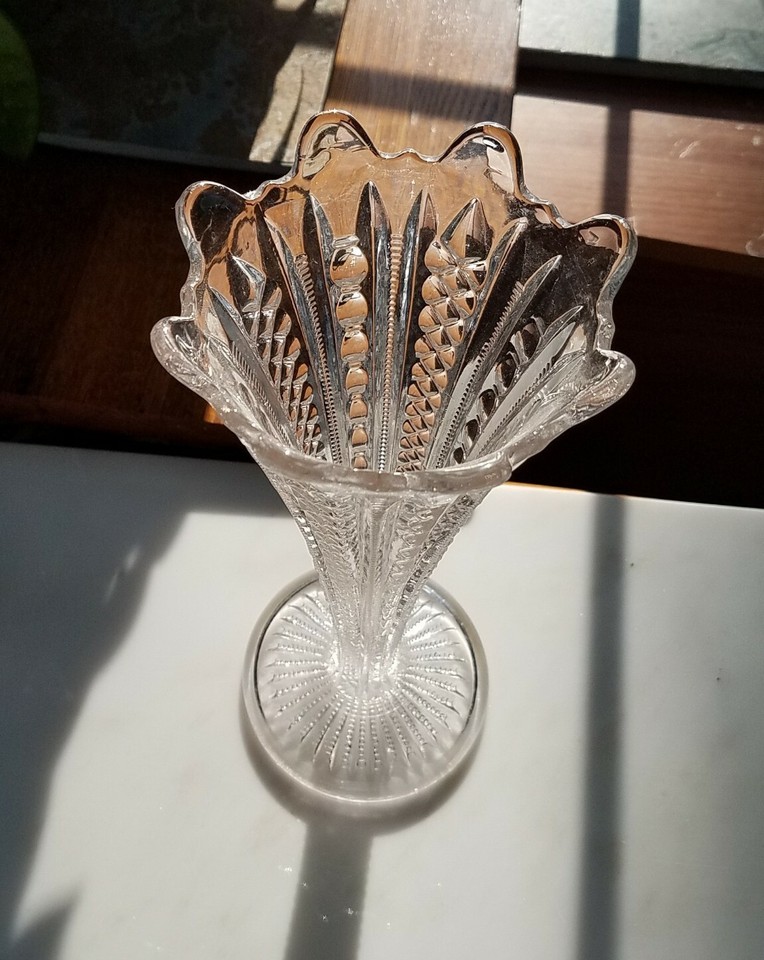 Vintage Pressed Clear Glass, Fluted & Footed Vase, Scalloped Rim 9.75"H ...