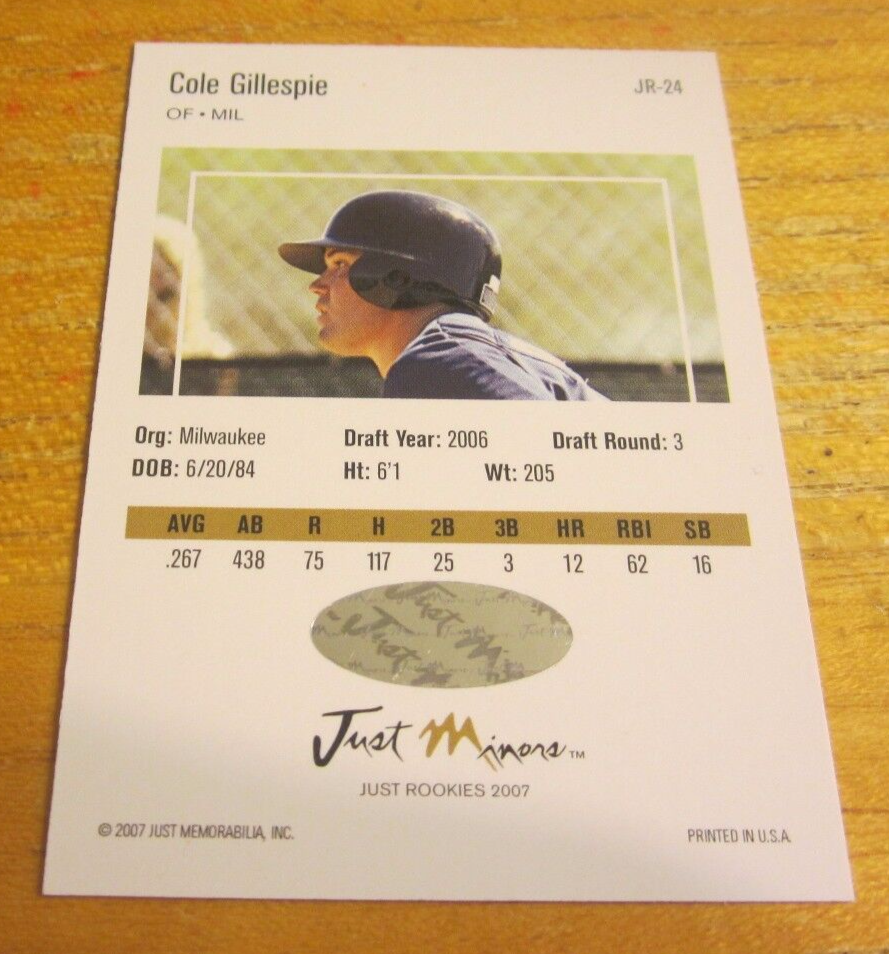 Cole Gillespie 2007 Just Rookies Autographs #24 Card MiLB Manatees | eBay