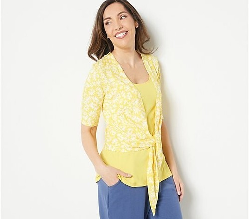 Cuddl Duds Flexwear Twin Set Tank-Elbow Sleeve Cardi-Yellow/Daisy-Small ...