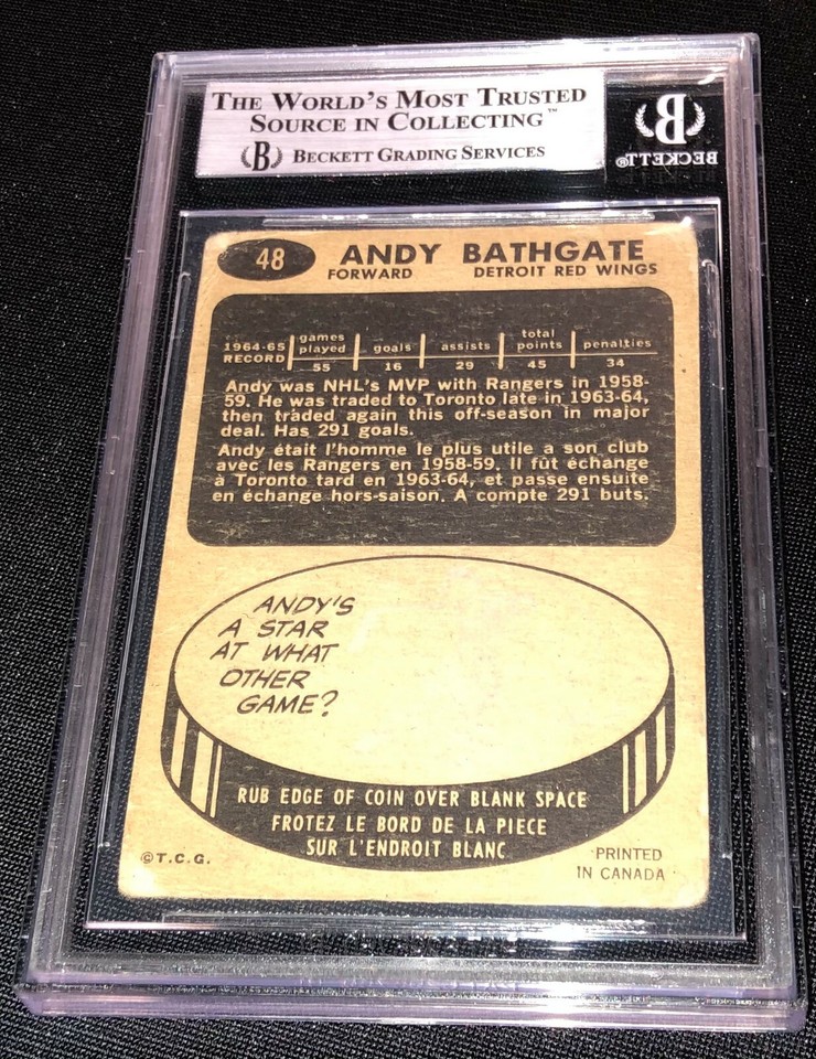 ANDY BATHGATE SIGNED 1965-66 TOPPS #48 CARD BECKETT RED WINGS RANGERS ...