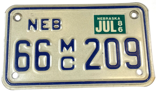 Vintage Nebraska 1986 Motorcycle License Plate 66 209 Man Cave Cherry ...