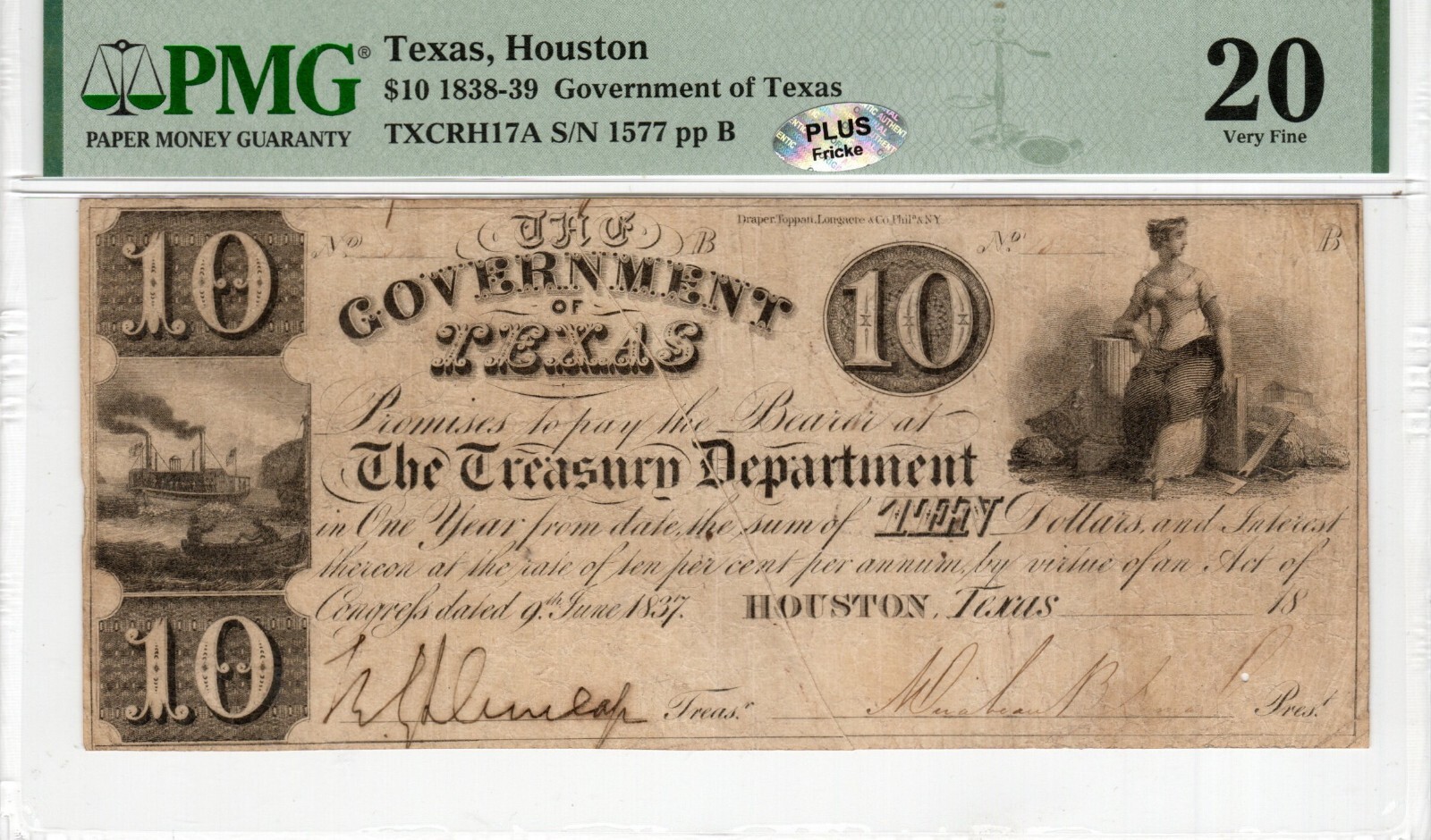 TX CR-H17A 1838-39 $10 Texas Paper Money - PMG Very Fine 20 - PLUS | eBay