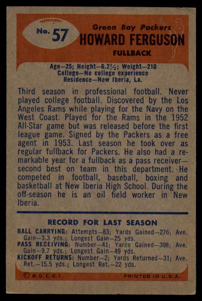 1955 Bowman #57 Howard Ferguson EX++ Packers ID:70617 | eBay