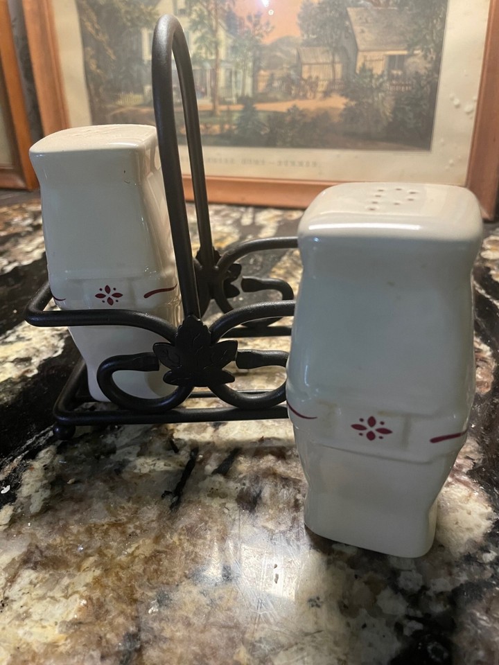 Longaberger Woven Traditions RED Salt Pepper Shakers Wrought Iron Caddy ...