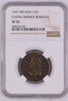 1691 Ireland Limerick Besieged Halfpenny, King James II. NGC VF35 ...