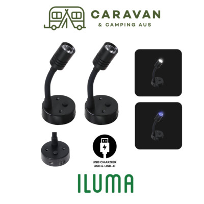 Iluma 2x12V Dimmable LED Flexible Caravan Reading Light Inc USB/USB-C ...