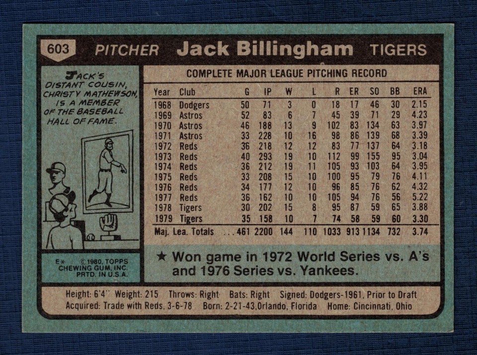 1980 Topps Jack Billingham #603 Detroit Tigers NM | eBay