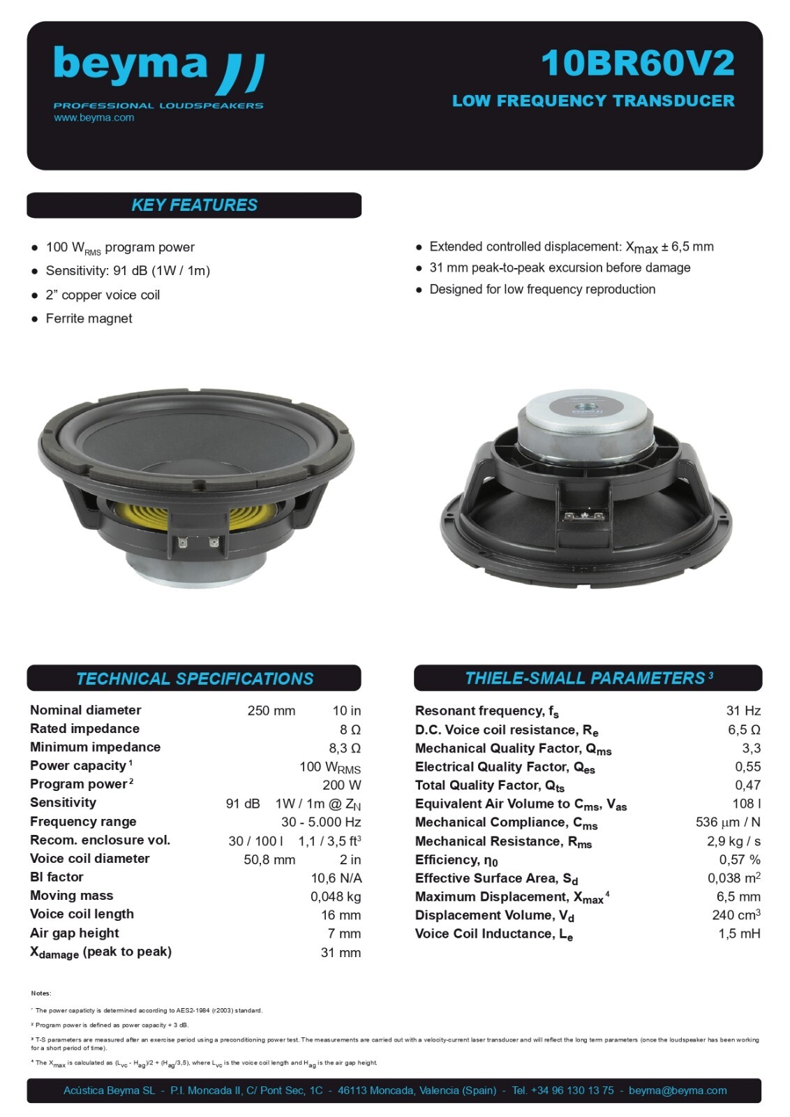 BEYMA 10BR60/V2 - 10" HIGH END WOOFERS- 2 UNITS ( ONE PAIR ) -SPECIAL ...