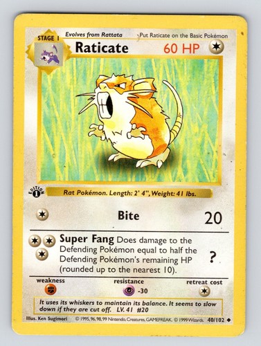 Raticate 1st Edition Base Set Shadowless 40/102 Pokemon - MP! | eBay
