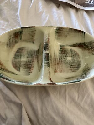 Vernon Kilns Vernonware Raffia Green & Brown 11" Oval Divided Vegetable ...