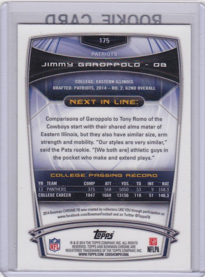 JIMMY GAROPPOLO ROOKIE CARD 2014 Football BOWMAN CHROME RC Patriots ...