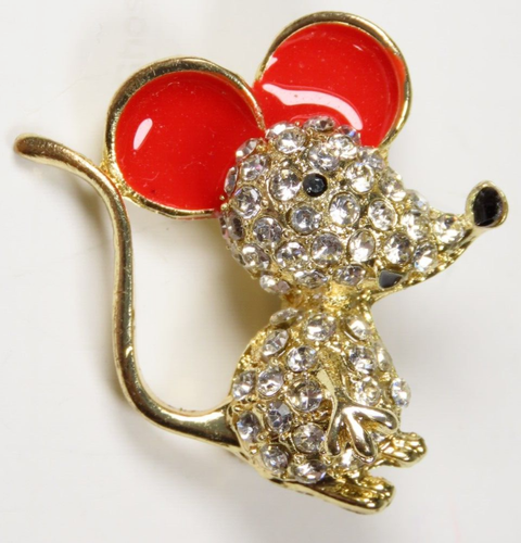 Vintage Christmas Brooch Pin Enamel Rhinestone Mouse 3D Gold Tone C5326 ...