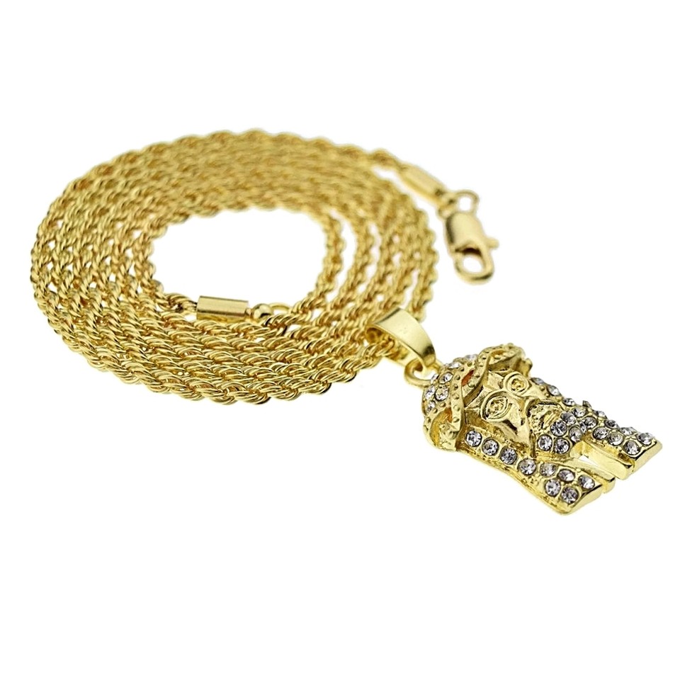 Micro Jesus Head Iced Simulated CZ Pendant Chain Gold Plated 24" Rope ...
