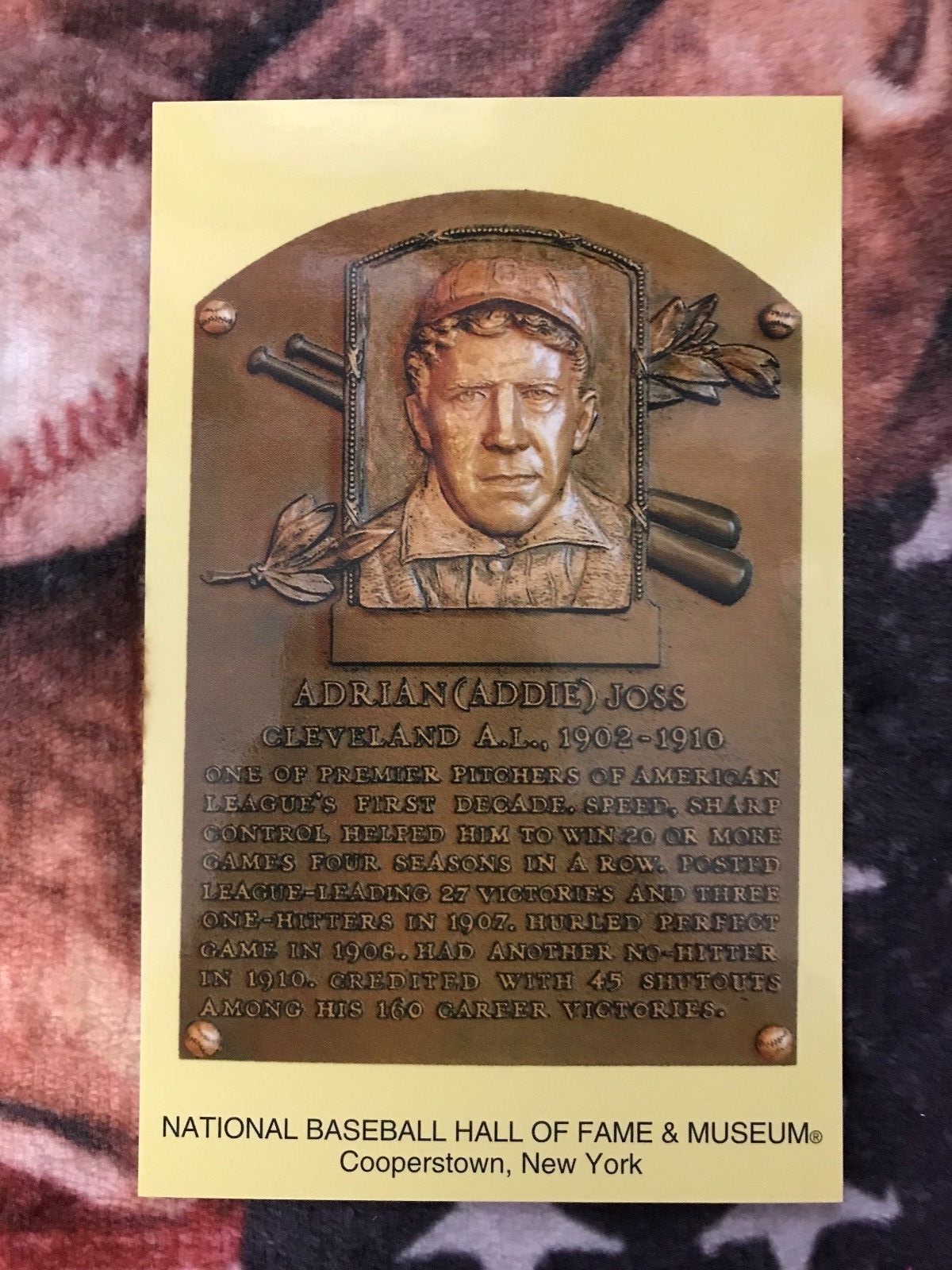 Addie Joss Postcard- Baseball Hall of Fame Induction Plaque - Photo ...
