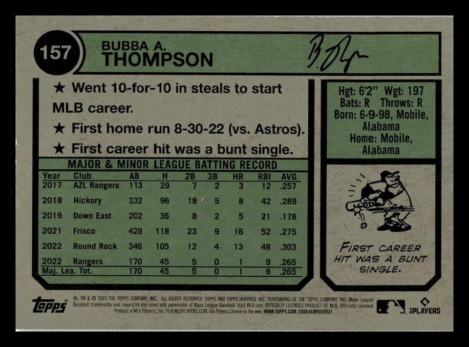 Bubba Thompson RC 2023 Topps Heritage #157 Rookie Texas Rangers NM-MINT ...