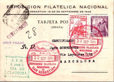 SPAIN 1948 PICT POSTCARD PHILATELIC EXPO ADDR BARCELONA POSTMARK SAN ...