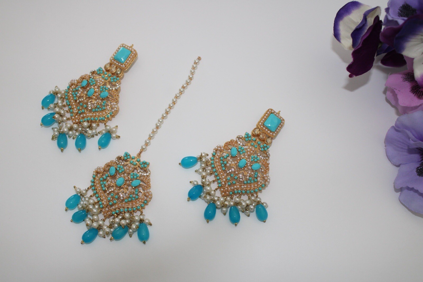 Indian Pakistani Fashion Jewelry Naurattan Tikka Earring Set Pearls ...