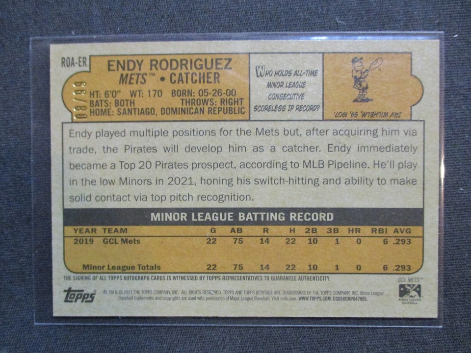 2021 Topps Minor League Heritage Autograph #ROA-ER Endy Rodriguez GCL ...