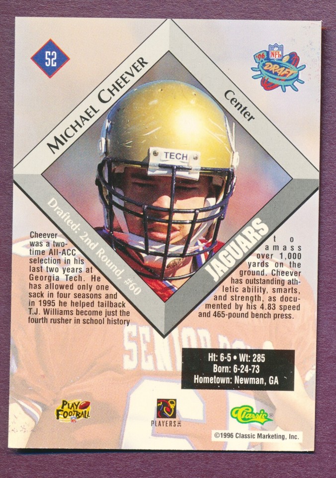 1996 CLASSIC DRAFT #52 MICHAEL CHEEVER ROOKIE, JAGUARS RARE GOLD ...