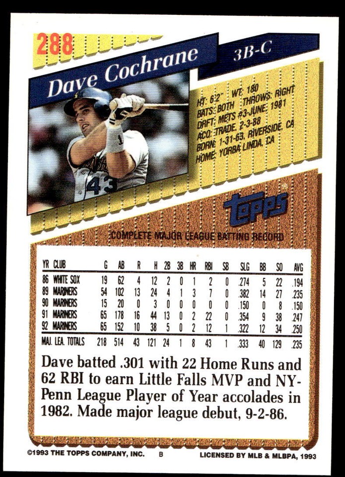 1993 Topps #288 Dave Cochrane Gold | eBay