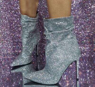 Womens Fashion Sexy Pointy Toe Shine Sequins Ankle Boots Party High ...