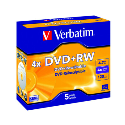 5PK Verbatim 4.7GB DVD+RW 4x Rewritable Media Storage w/ Jewel Case ...