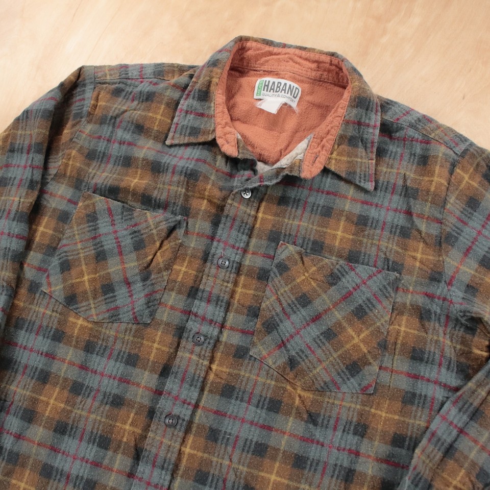 vtg HABAND thin flannel shirt LARGE faded grunge trucker plaid 90s 00s ...
