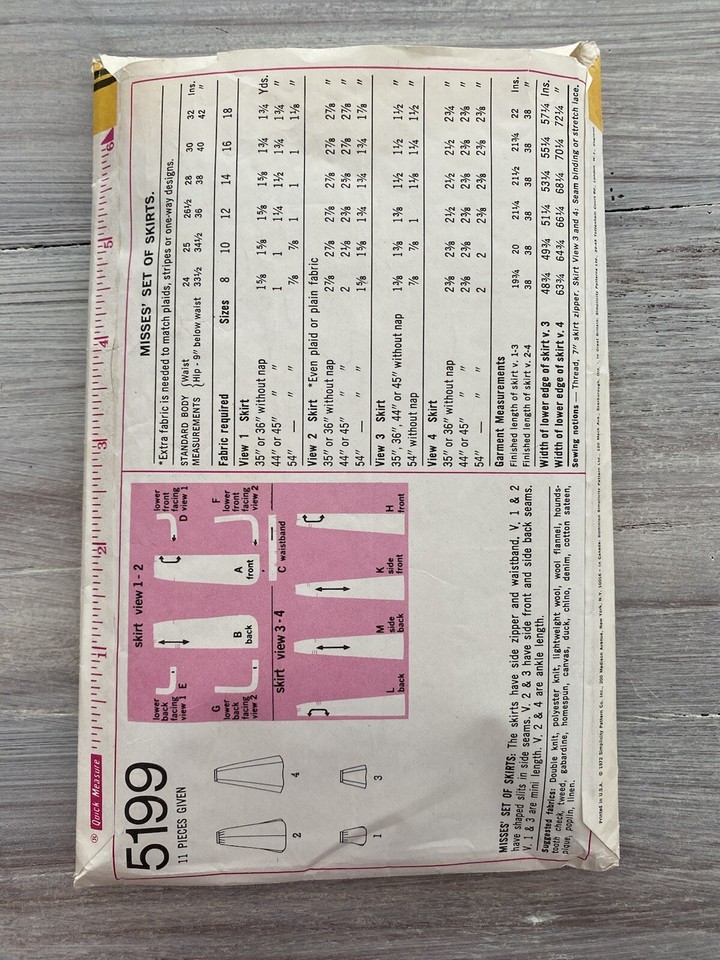 Vintage Simplicity Pattern 5199 Misses' Skirts Sz 12 Complete 1972 | eBay