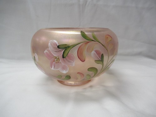 Fenton Glass Hand Painted Baroque Floral Pink Sunset Stretch Rose Bowl ...