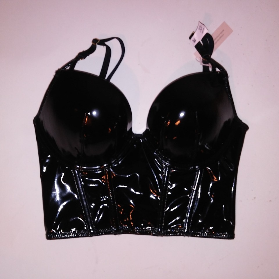 Victoria Secret Bra 32D Black Patent Leather Puh Up Wet Look Long Line ...