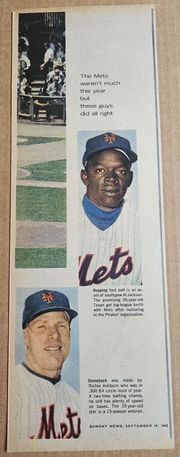 VINTAGE NY METS AL JACKSON & RICHIE ASHBURN SUNDAY NEWS ARTICLE SEPT ...