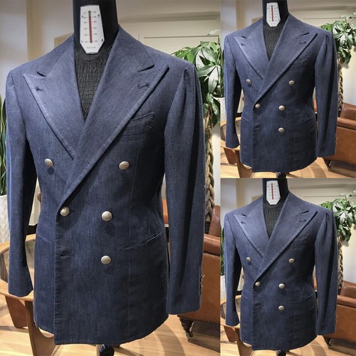 Denim Men's Suits Double Breasted Wide Peak Lapel Formal Blazer Wedding ...