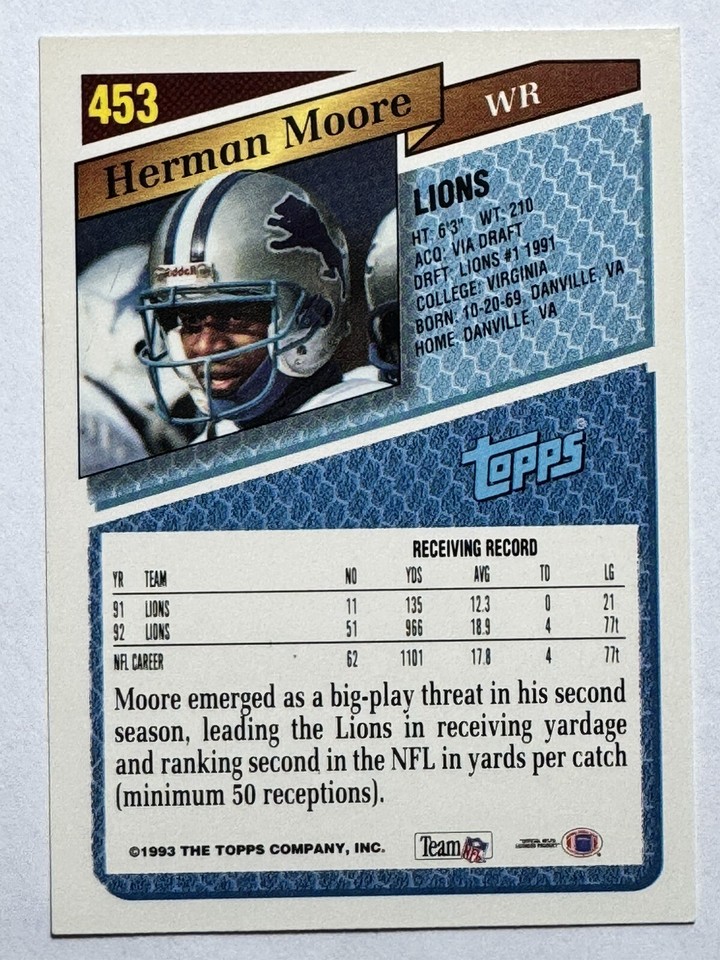 HERMAN MOORE Detroit Lions 1993 Topps Football Card #453 | eBay