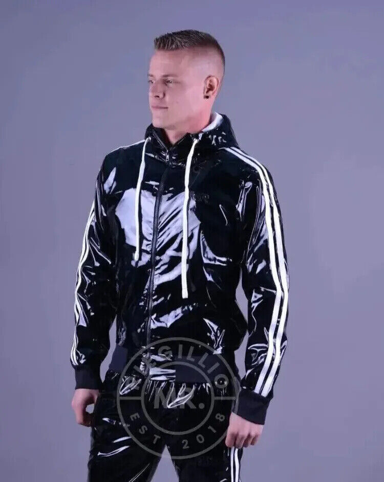 MR. RIEGILLIO PVC Tracksuit Jacket hoodies Glossy Shiny Black & White ...