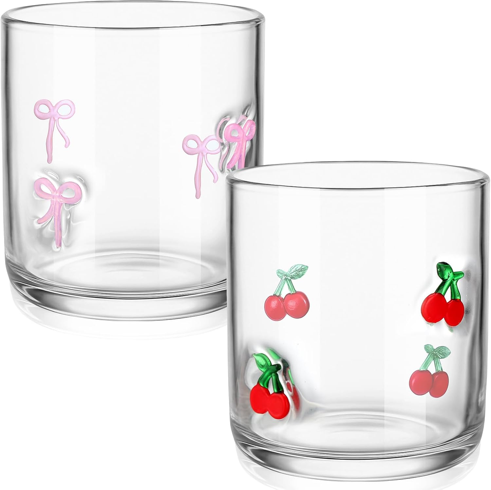 Set of 2 Pink Cherry Bow Icon Juice Glass 14Oz Coquette Bow Glass Cup ...