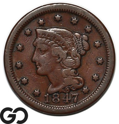 1847 Large Cent, Braided Hair, Re-punched 1 | eBay