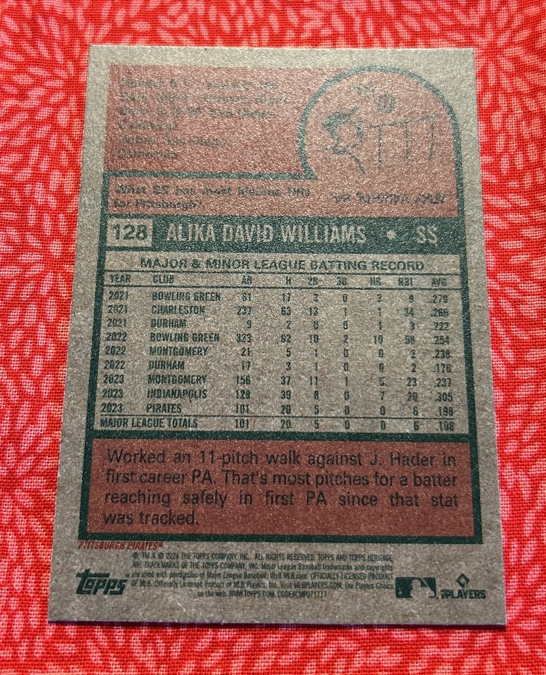 2024 Topps Heritage Baseball Alika Williams RC Rookie #128 Pittsburgh ...