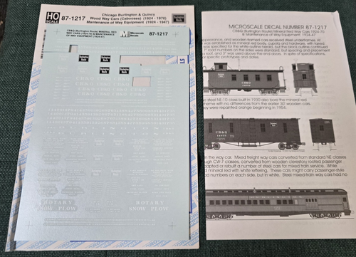 Microscale Decal HO #87-1217 CB&Q Cabooses and M-O-W Cars Dates: 1924 ...
